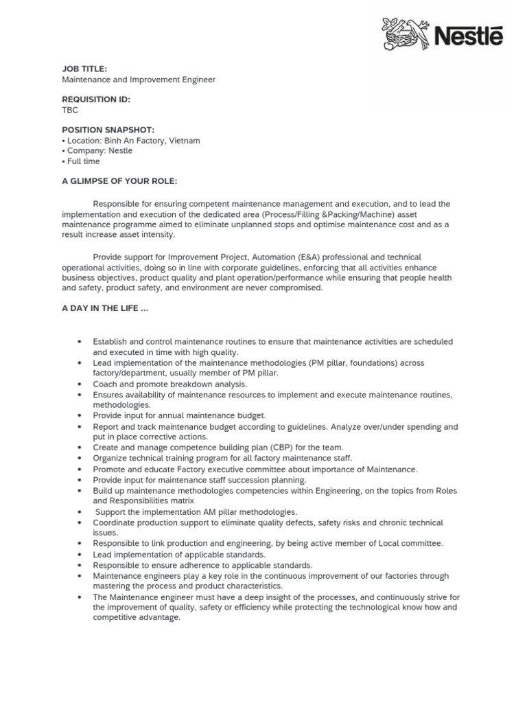 Maintenance and Improvement Engineer - Nestle-PH24-FNVPT94 | PDF ...