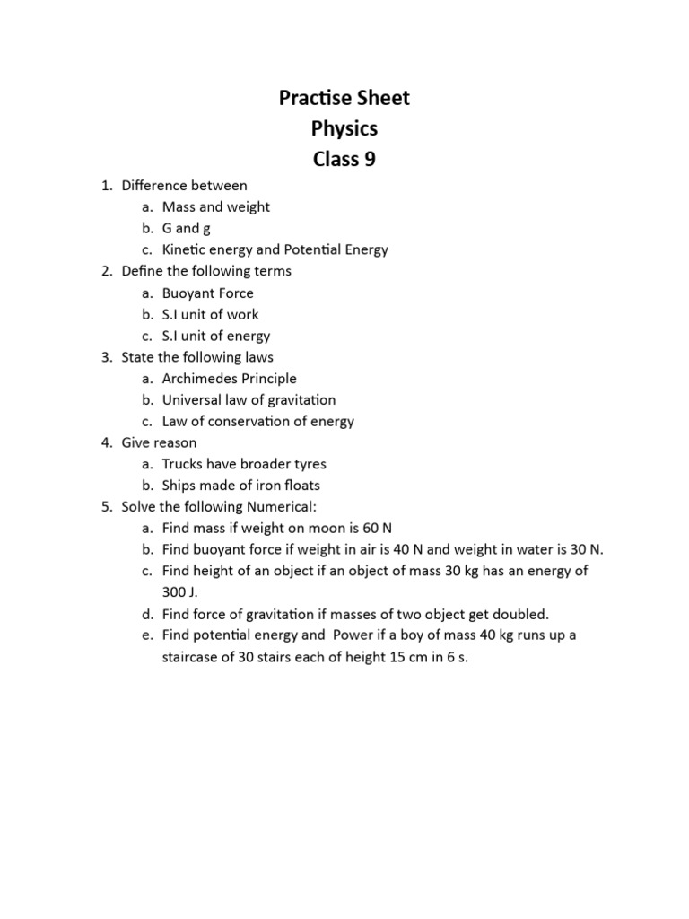 Physics Practise Sheet Class 9 | PDF