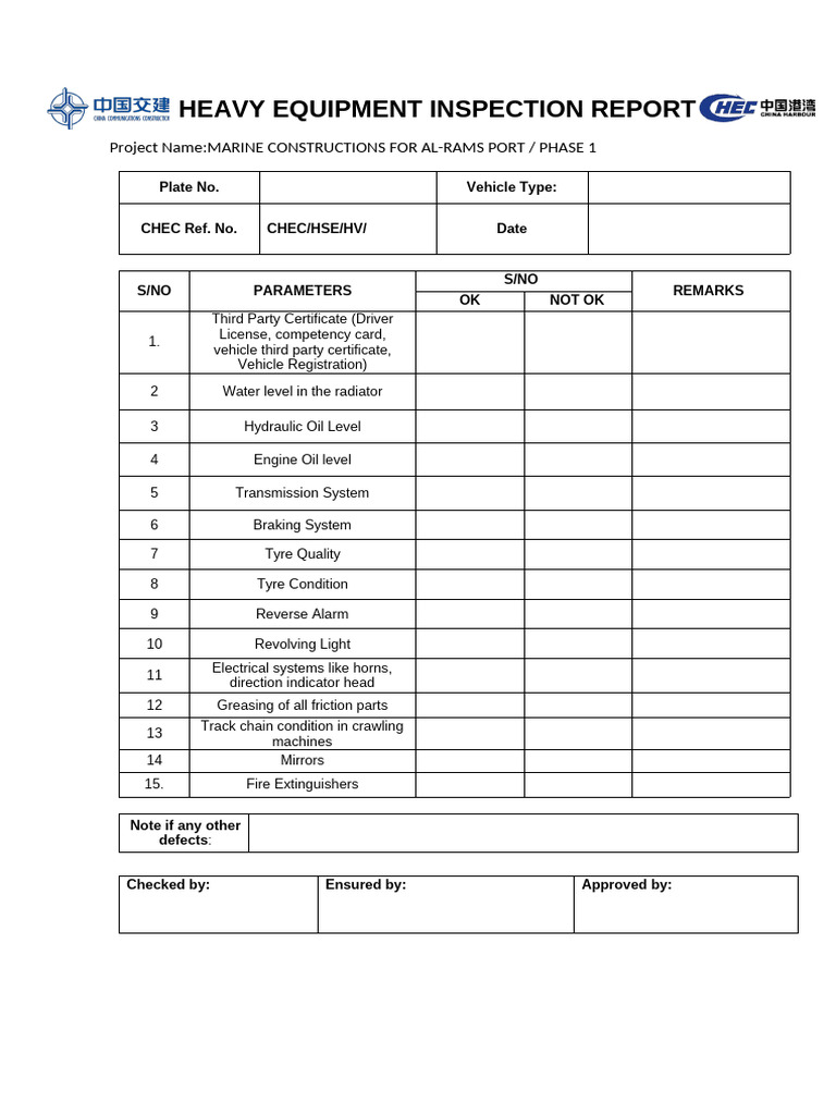 Heavy Equipment Inspection Form | PDF