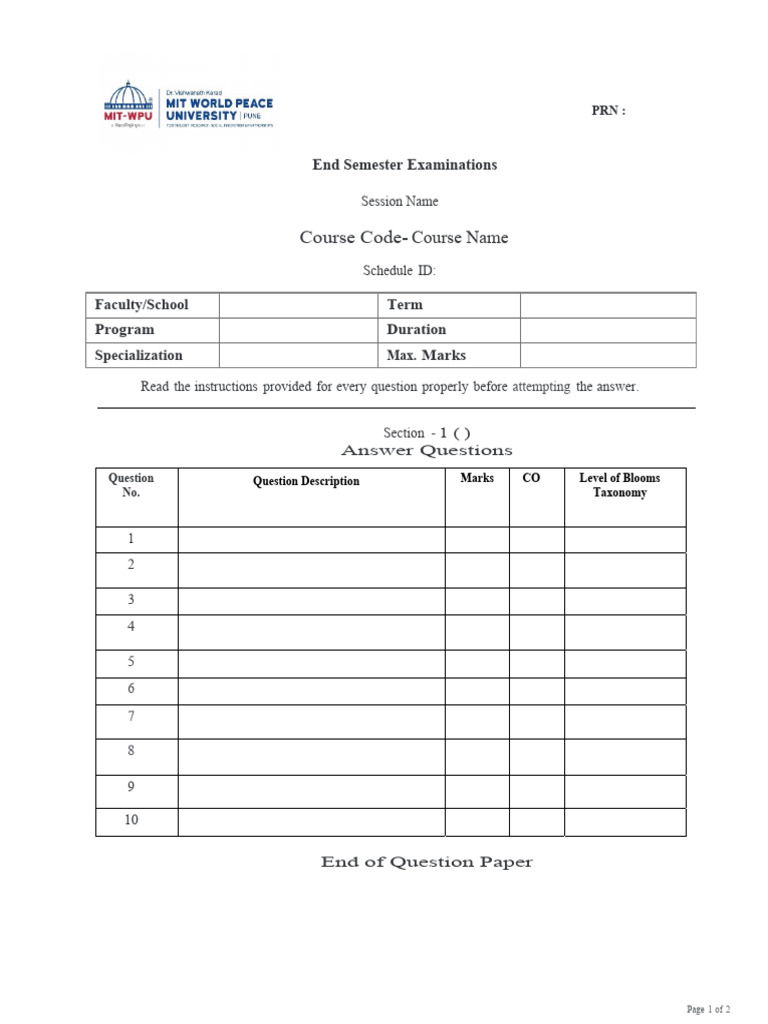 End Semester Exam Question Paper Guide | PDF