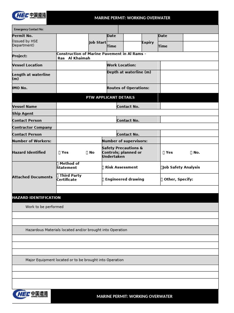Working Over Water Permit | PDF | Hazards | Underwater Diving