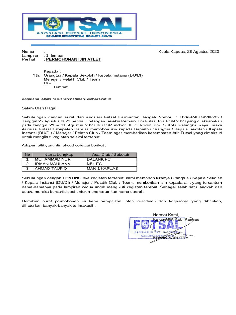 SURAT IZIN ATLIT FUTSAL SELEKSI PRAPON | PDF