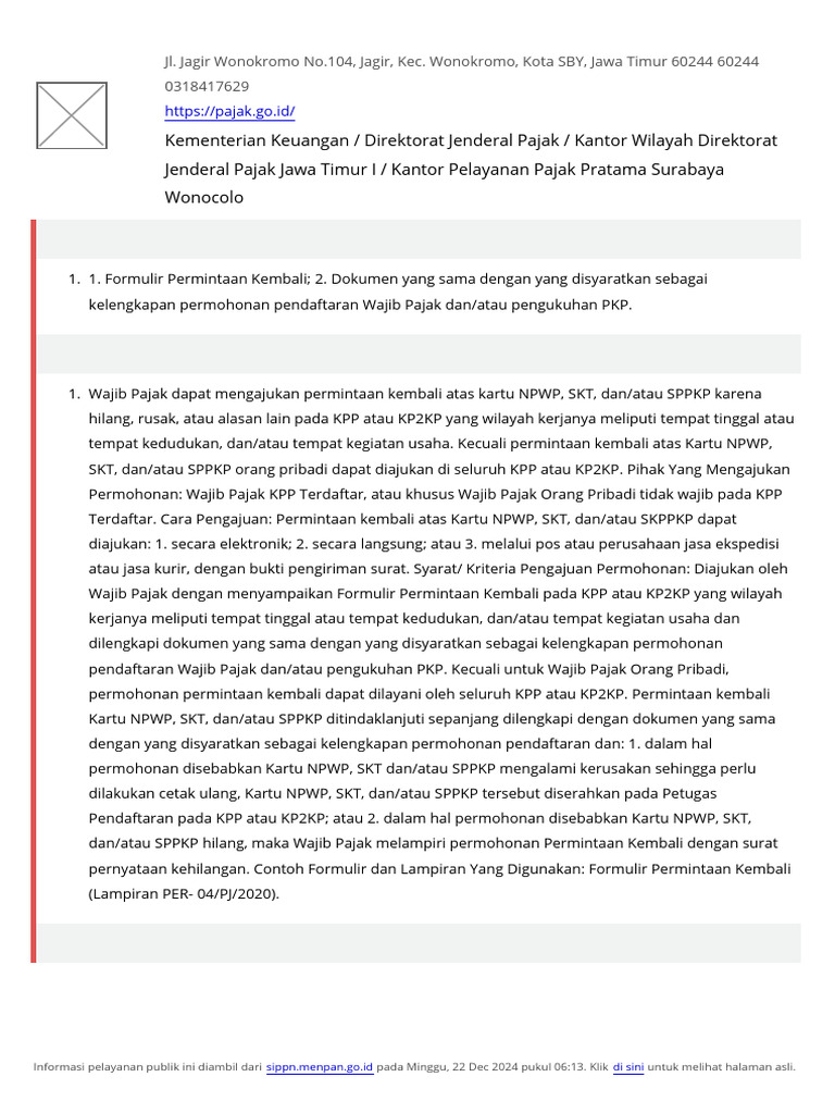 Unduh Standar Pelayanan - Permintaan Kembali Kartu NPWP SKT SPPKP | PDF