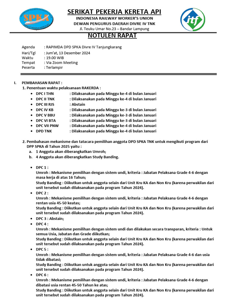 Notulen Rapimda Dpd Spka Tnk Tanggal 13 Des 2024 | PDF