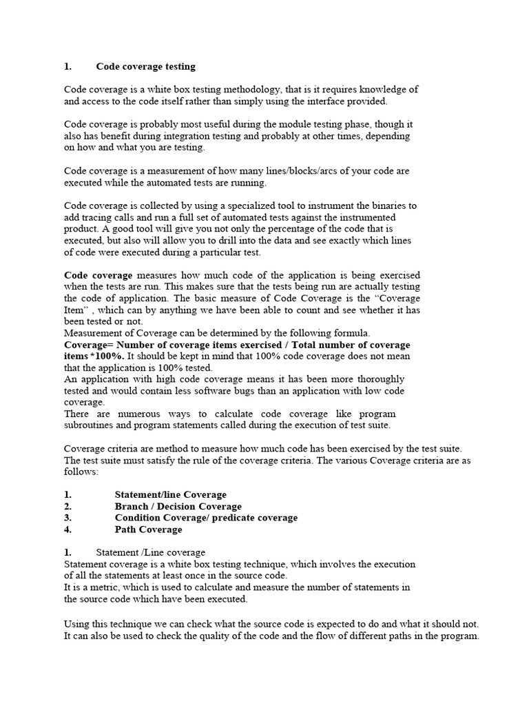 Code Coverage Testing Line Or Statement Coverage Pdf Systems Engineering Software Development