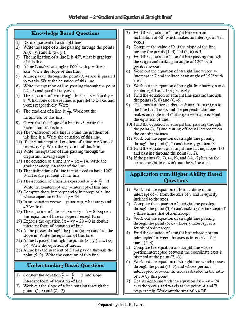 Revision Worksheet - 2 (Gradient and Equation of Straight Line) | PDF ...