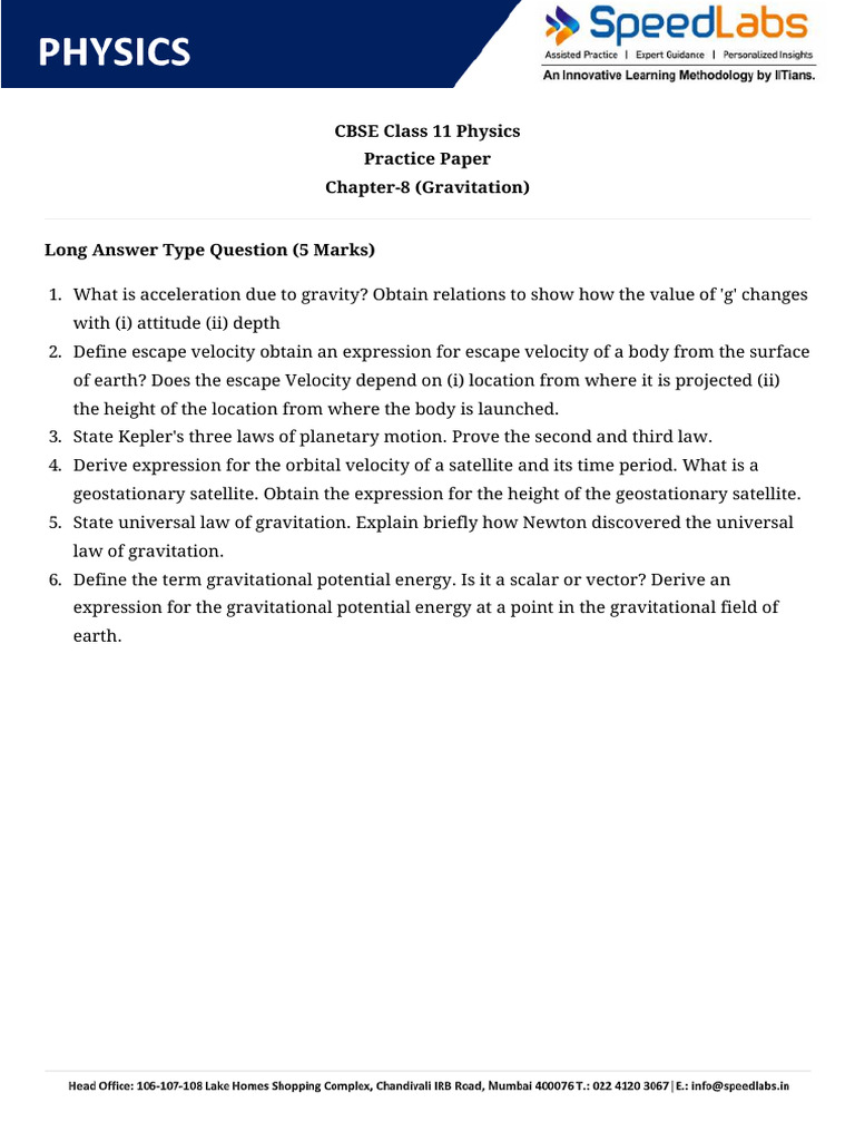 CBSE Class 11 Physics: Gravitation Practice Paper | PDF