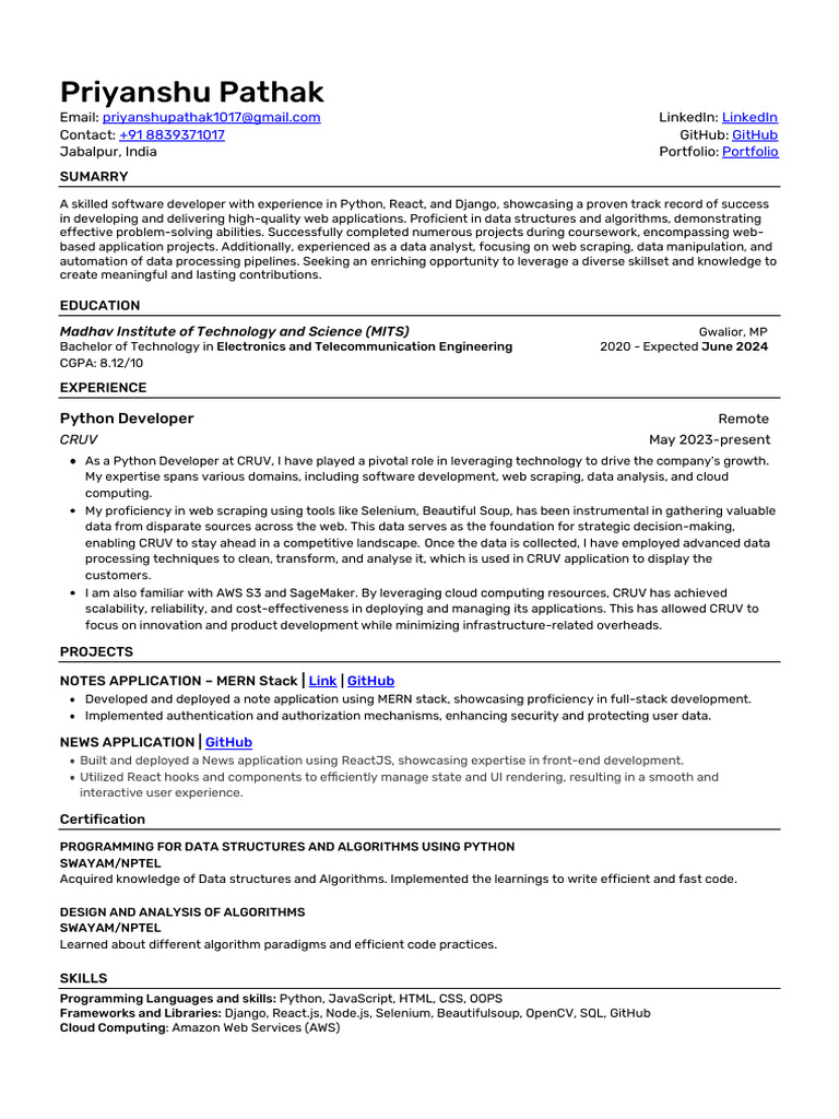Priyanshu_Pathak(Resume)2 | PDF | Information Technology | Computing