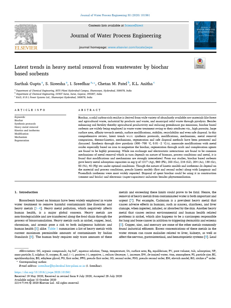 Biochar Sorbents for Heavy Metal Removal | PDF | Adsorption | Materials