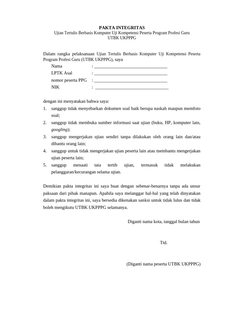 Pakta Integritas UTBK UKPPPG | PDF