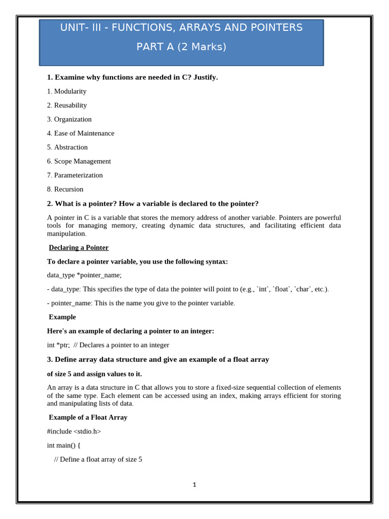 Foc - unit-III Question Bank With Answer | PDF | Pointer (Computer Programming) | Variable ...