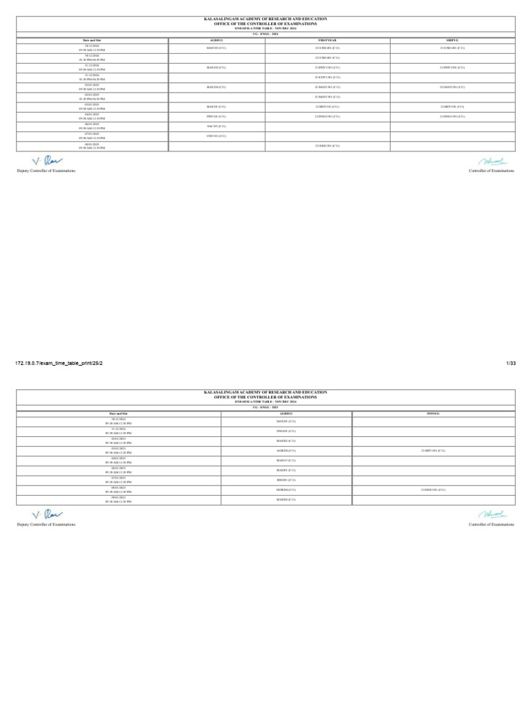 First Year End Sem Time Table | PDF
