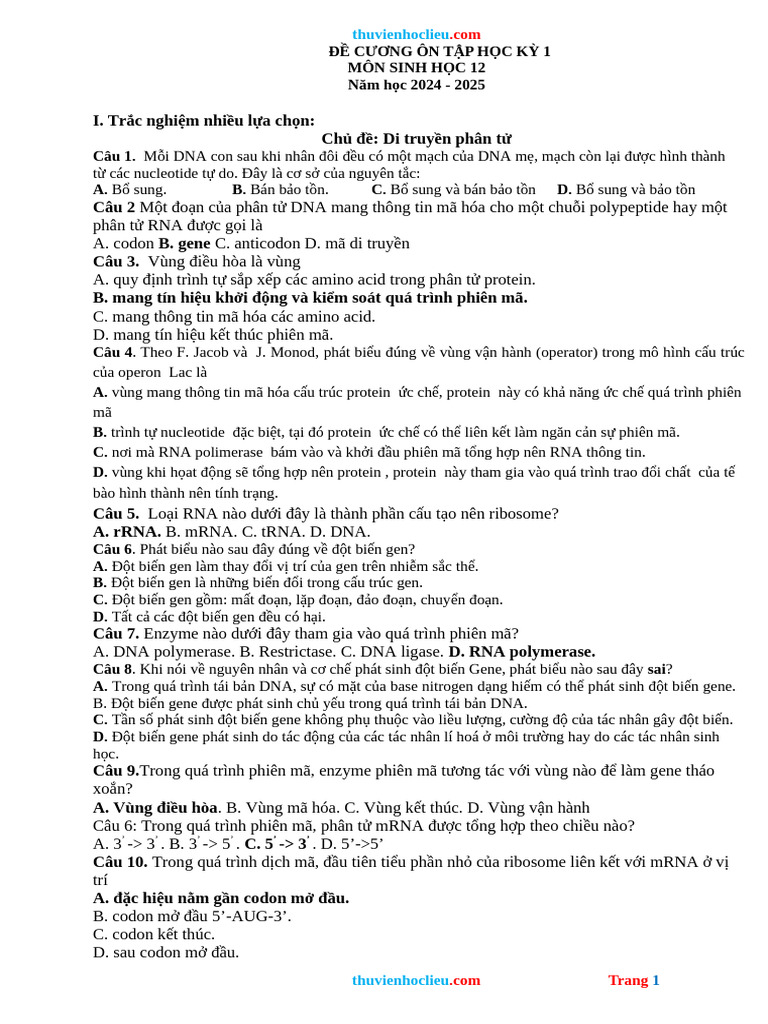 đề ôn tập sinh hk1 12 | PDF