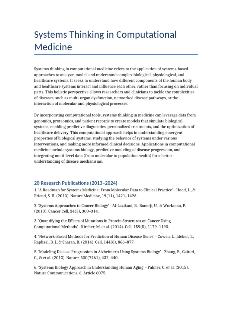 Systems Thinking Computational Medicine | PDF | Systems Biology | Personalized Medicine