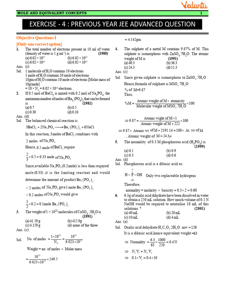 Mole and Equivalent Concept-Exercise-4 | PDF | Mole (Unit) | Chemical Compounds