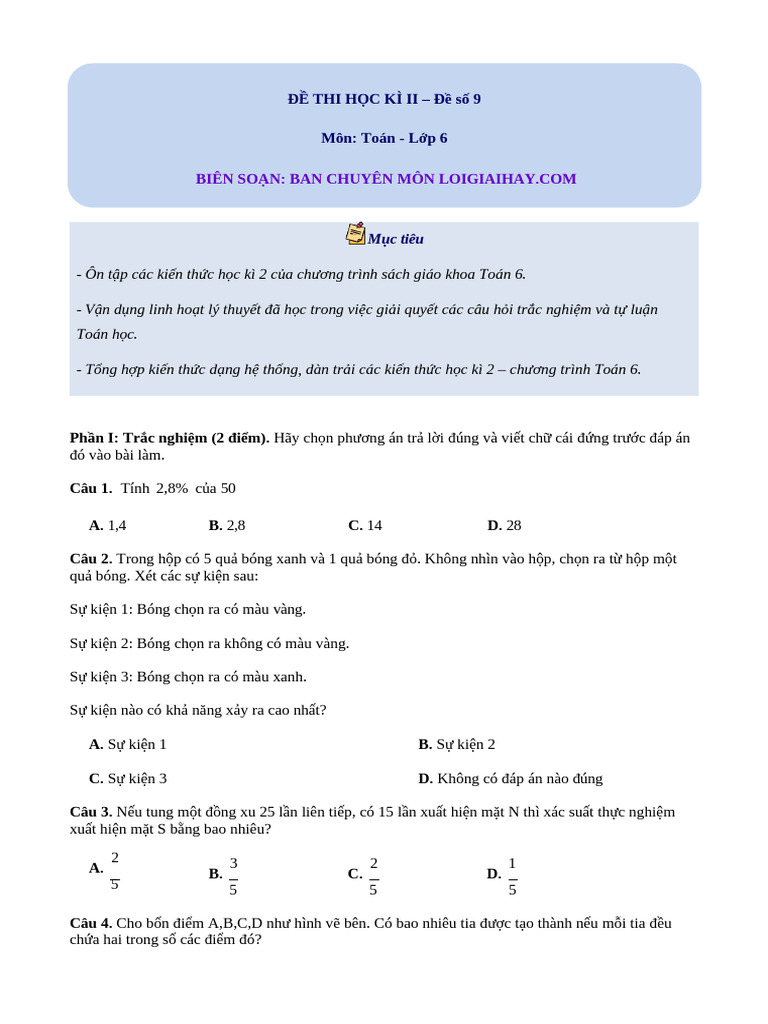De Kiem Tra Hoc Ki 2 Toan 6 de So 9 Ket Noi Tri Thuc 1714635646 | PDF
