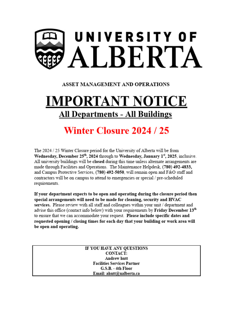 University of Alberta Winter Closure 2024 | PDF