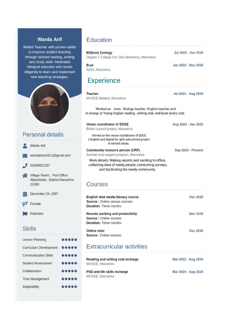 Curriculum Vitae Warda Arif | PDF