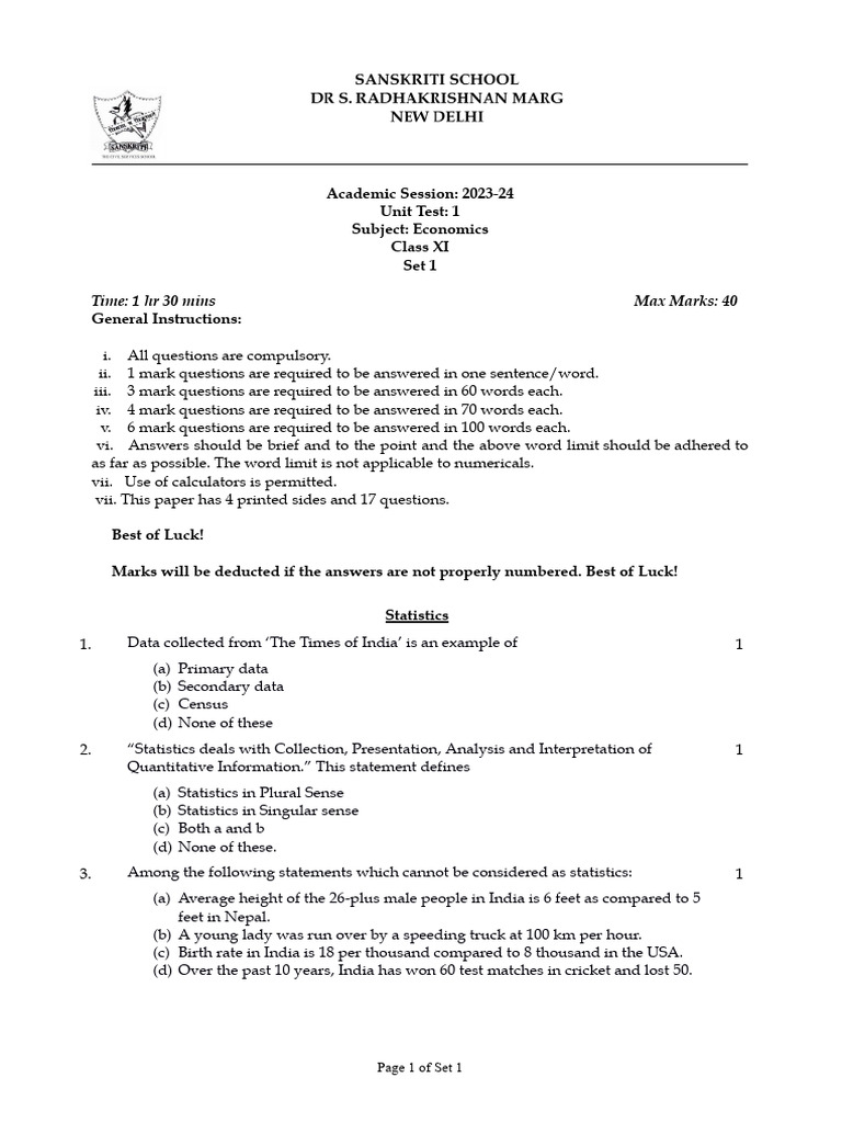 Class 11 Set 1 UT1 2023-24 | PDF | Sampling (Statistics) | Probability Distribution