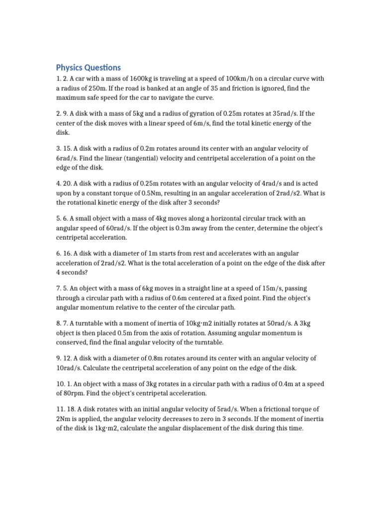 Physics_Questions | PDF | Rotation Around A Fixed Axis | Acceleration