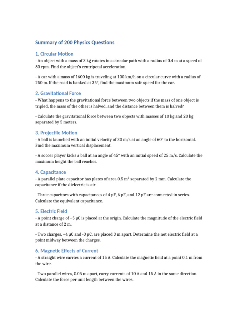 Summary of 200 Physics Questions | PDF
