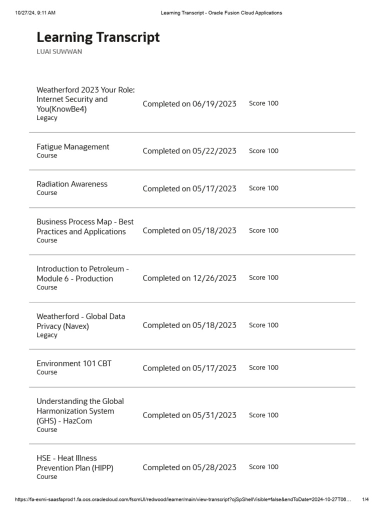 Learning Transcript - Oracle Fusion Cloud Applications | PDF | Computing