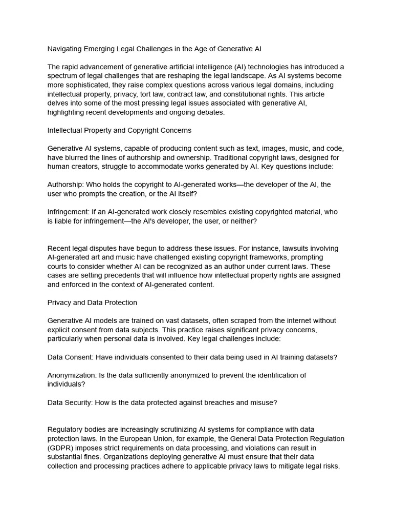 Navigating Emerging Legal Challenges in The Age of Generative AI | PDF | Legal Liability ...