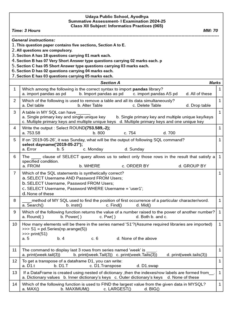 Xii Ip Half Yearly | PDF | Sql | Computer Programming Xii Ip Half Yearly | PDF | Sql | Computer Programming
