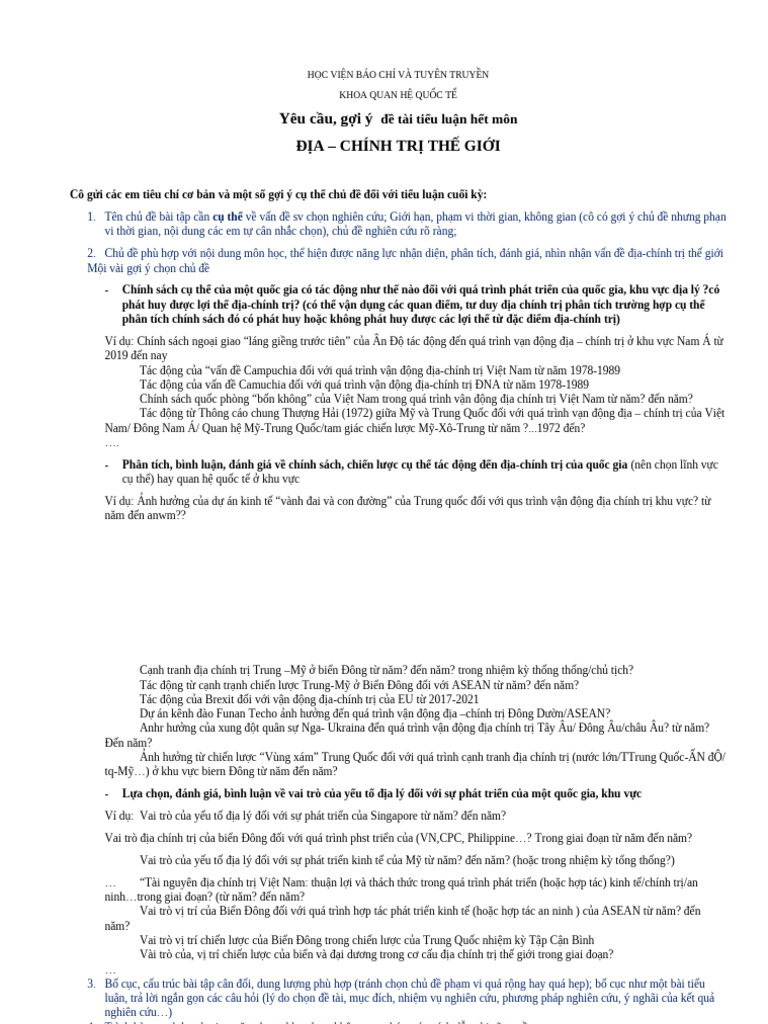 Yeu Cau Tieu Luan Dia Chinh Tri 2024 | PDF