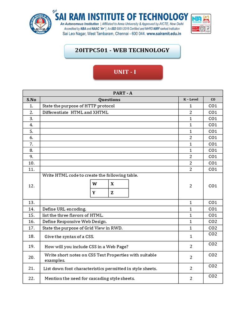 Web Technology - Question Bank Unit Wise | PDF | Html | World Wide Web