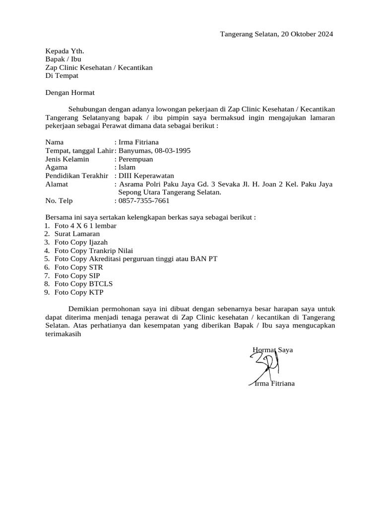 Surat Lamaran Irma F | PDF