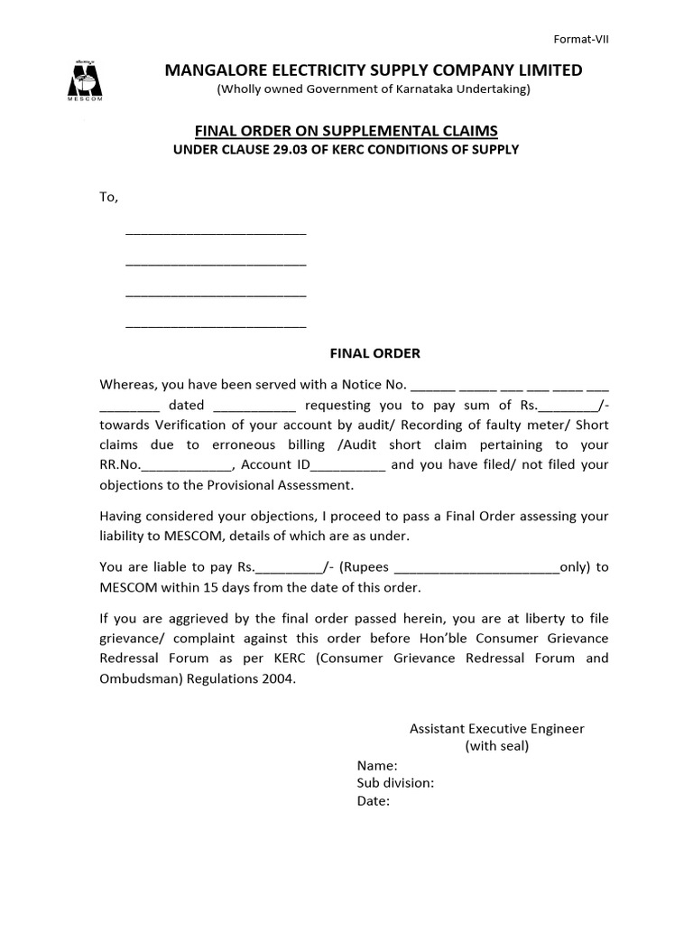 Mangalore Electricity Supply Company Limited: Final Order On ...