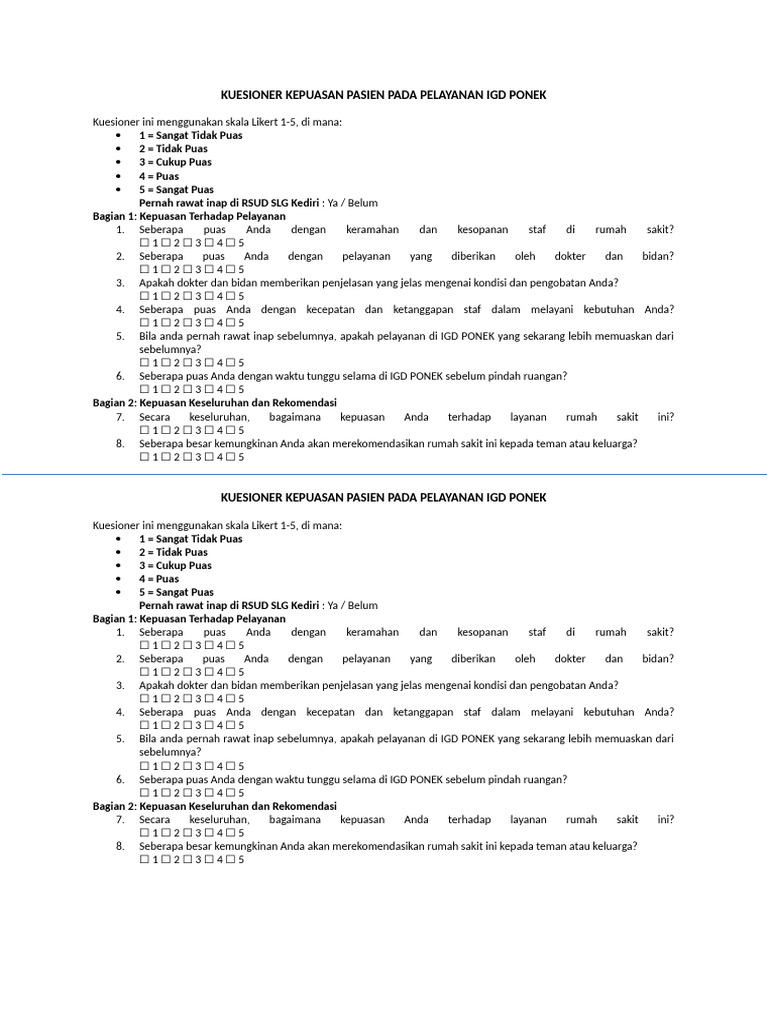 Kuesioner Kepuasan Pasien Pada Pelayanan Igd Ponek | PDF