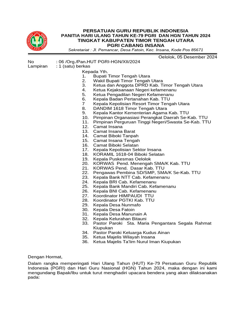 Surat undangan HUT PGRI umum | PDF