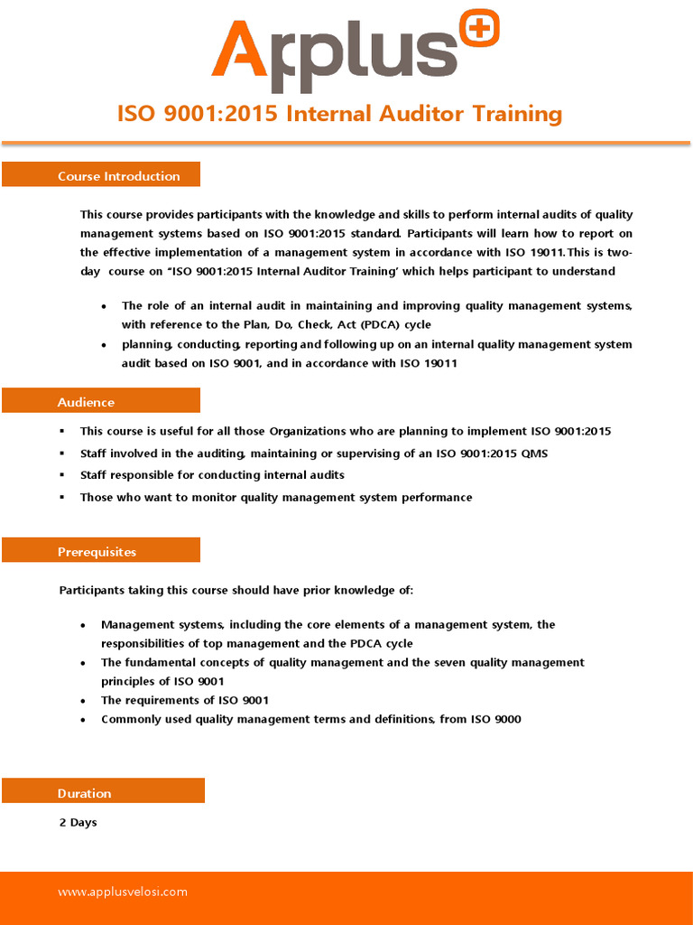 ISO 9001-2015 Internal Auditor Training Data Sheet | PDF | Iso 9000 ...
