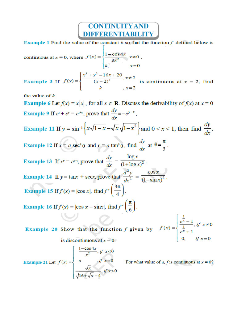 CH 5. Continuity & Differentiability Exemplar Problems | PDF