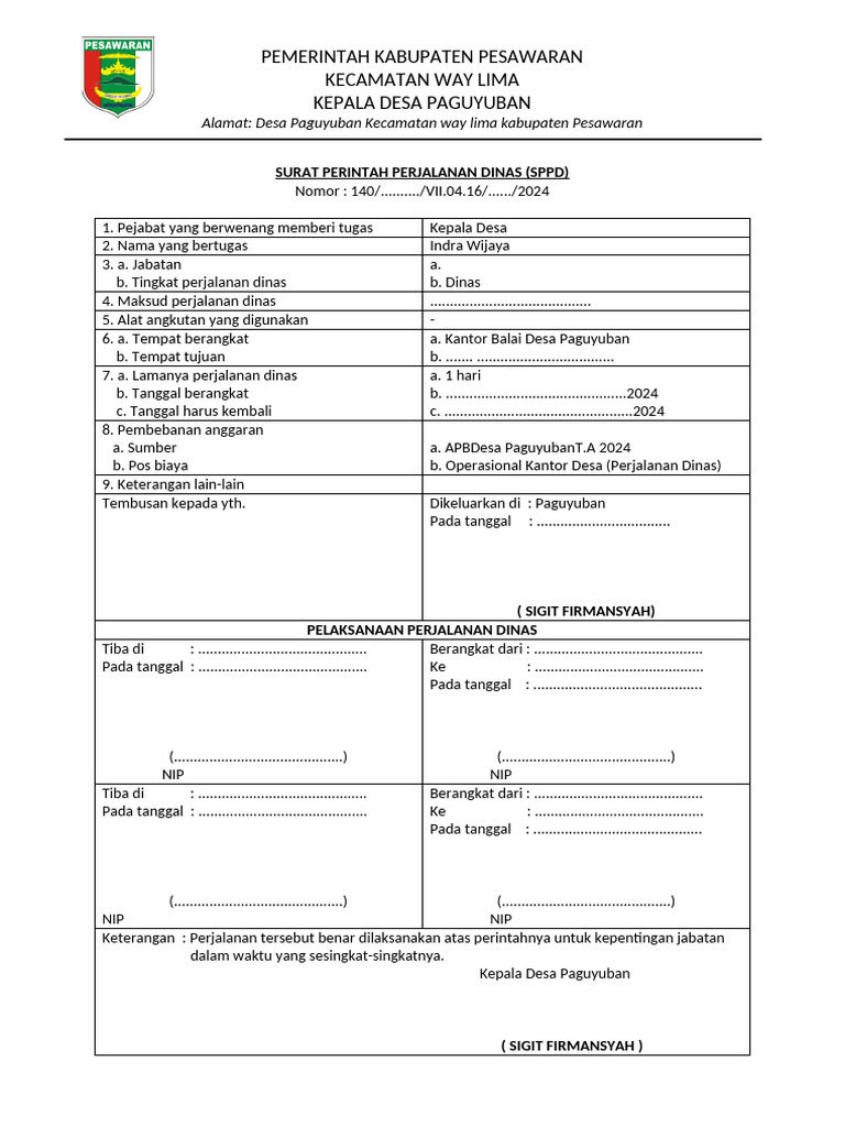 Surat PERJADIN Kades | PDF