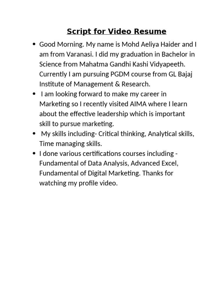Video Resume Script Example | PDF