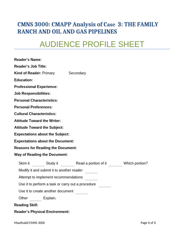 CMNS 3000 Family Ranch Case Audience Profile Sheet 2024 | PDF