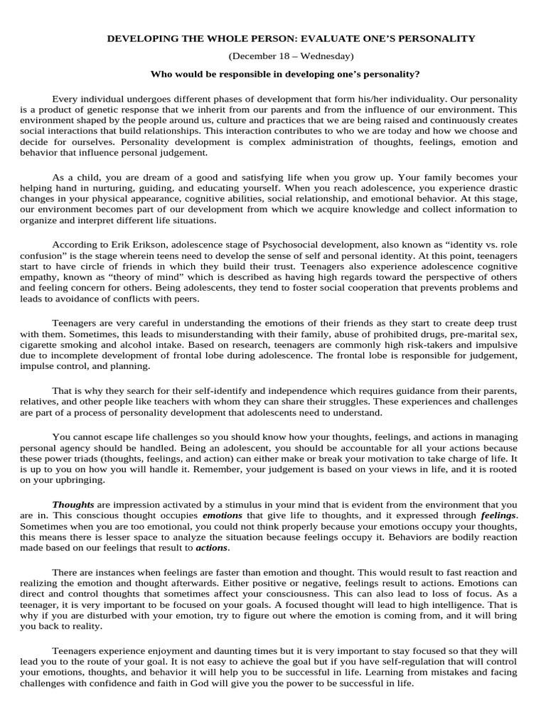 PERSONAL DEVELOPMENT - 3RD WEEK - dECEMBER | PDF | Adolescence | Feeling
