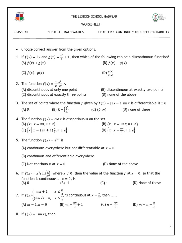 Class XII Math: Continuity & Differentiability Worksheet | PDF | Function (Mathematics) | Analysis