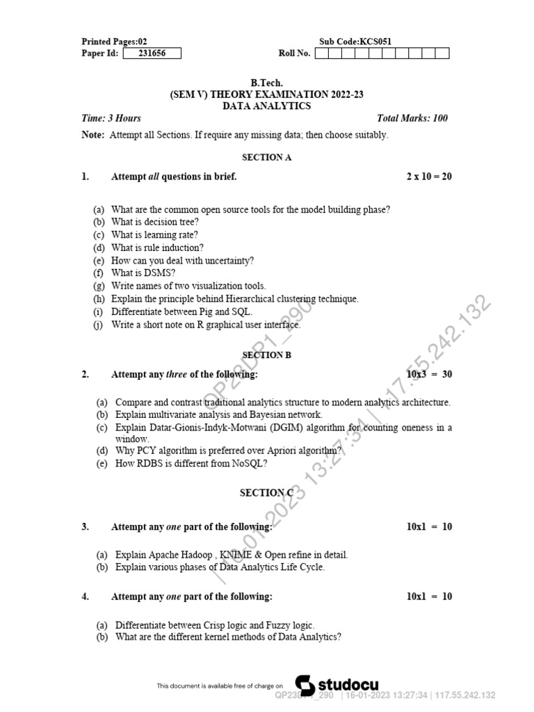 Da 2022-23 Aktu Paper | PDF | Data Analysis | Analytics