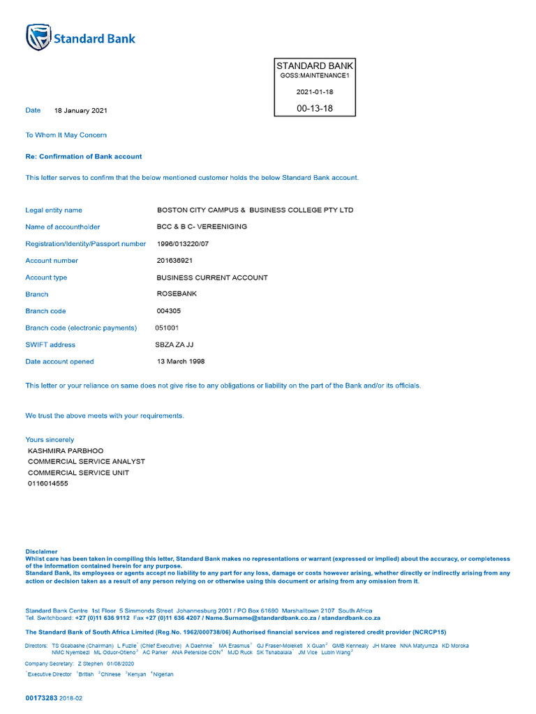 Vereeniging Bank Letter | PDF