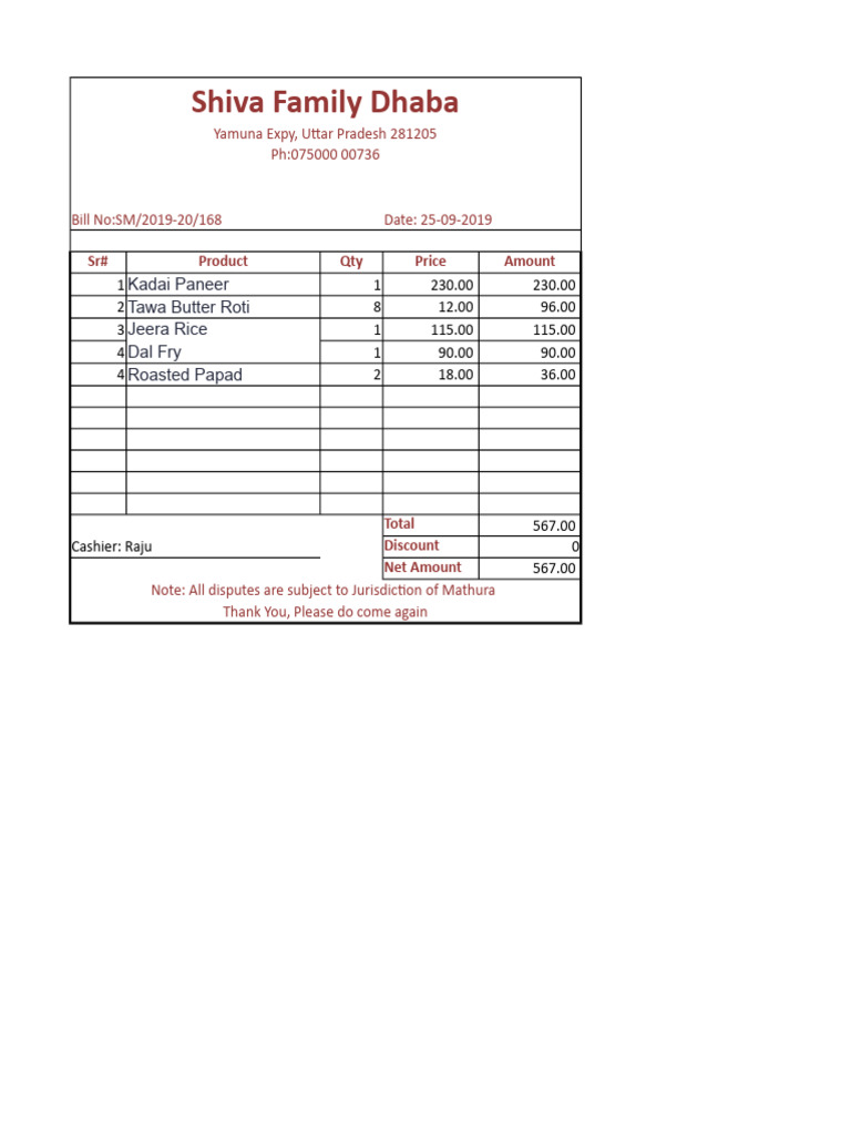 Restaurant Bill Format in Excel | PDF
