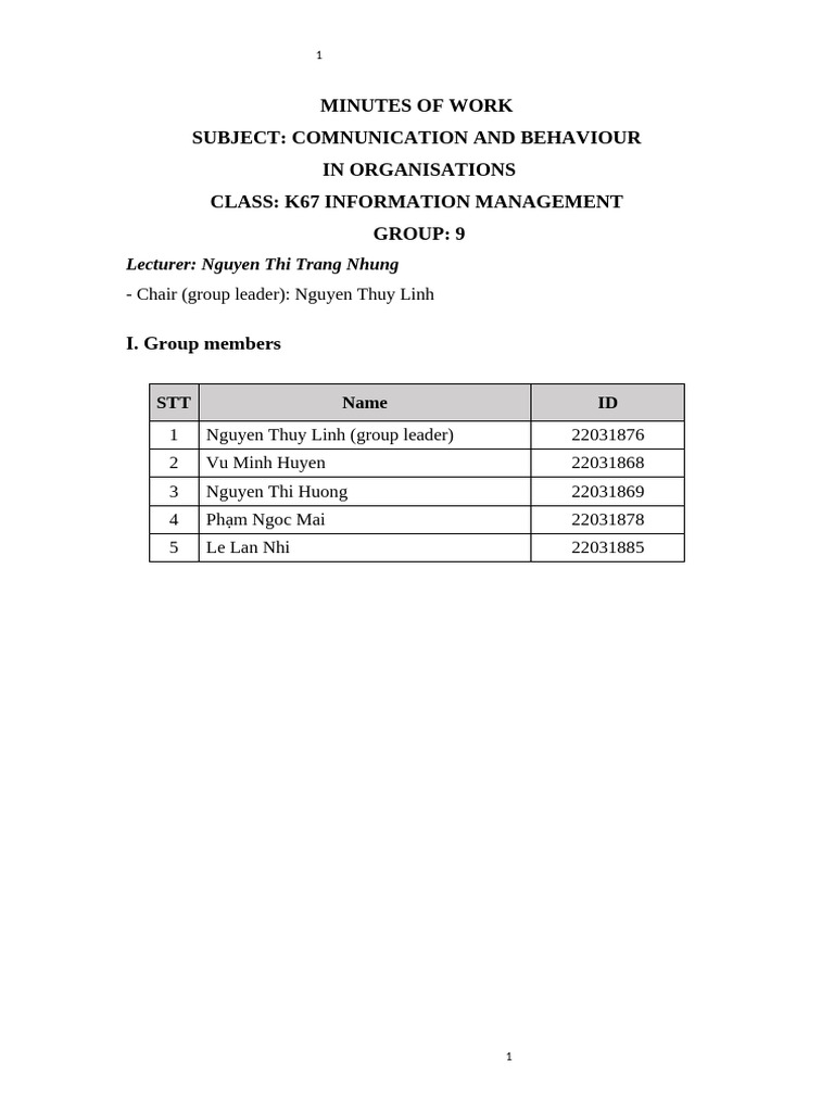 Minutes of work - Group 9 | PDF
