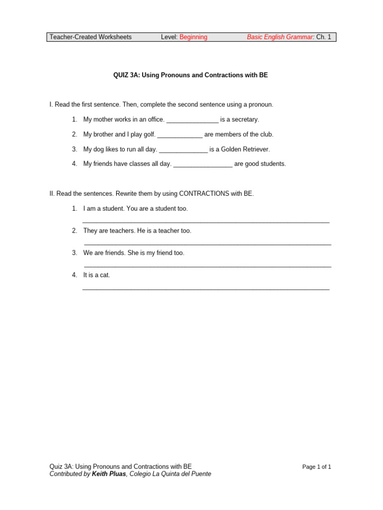 Beginner Quiz: Pronouns & Contractions | PDF