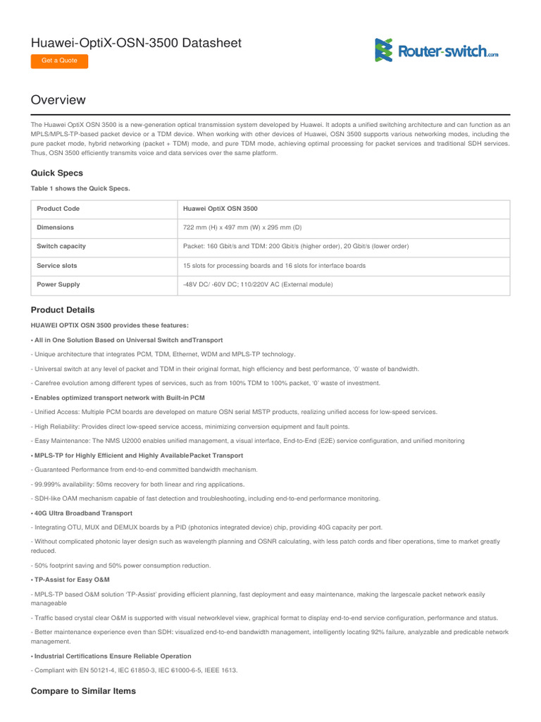 Huawei Optix Osn 3500 Datasheet | PDF | Computer Network | Wavelength ...