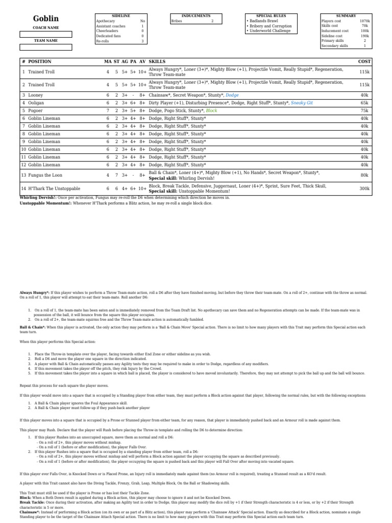 Goblin Team Roster and Rules Guide | PDF | American Football | Sports