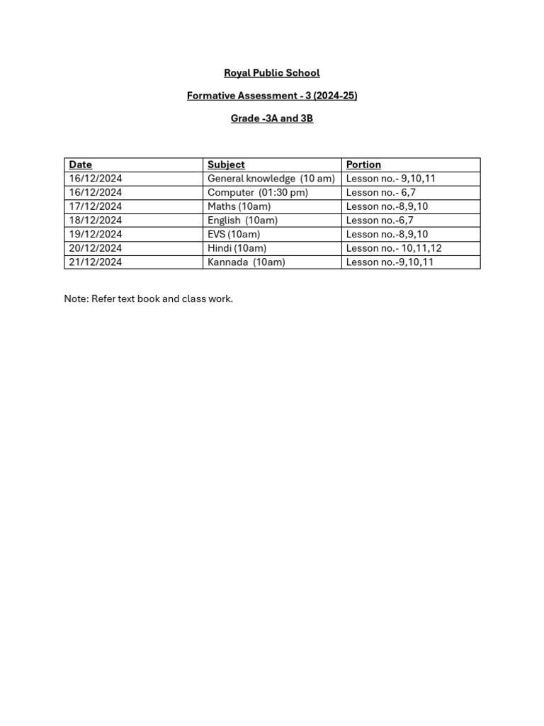 Grade 3A/3B Formative Assessment Schedule | PDF