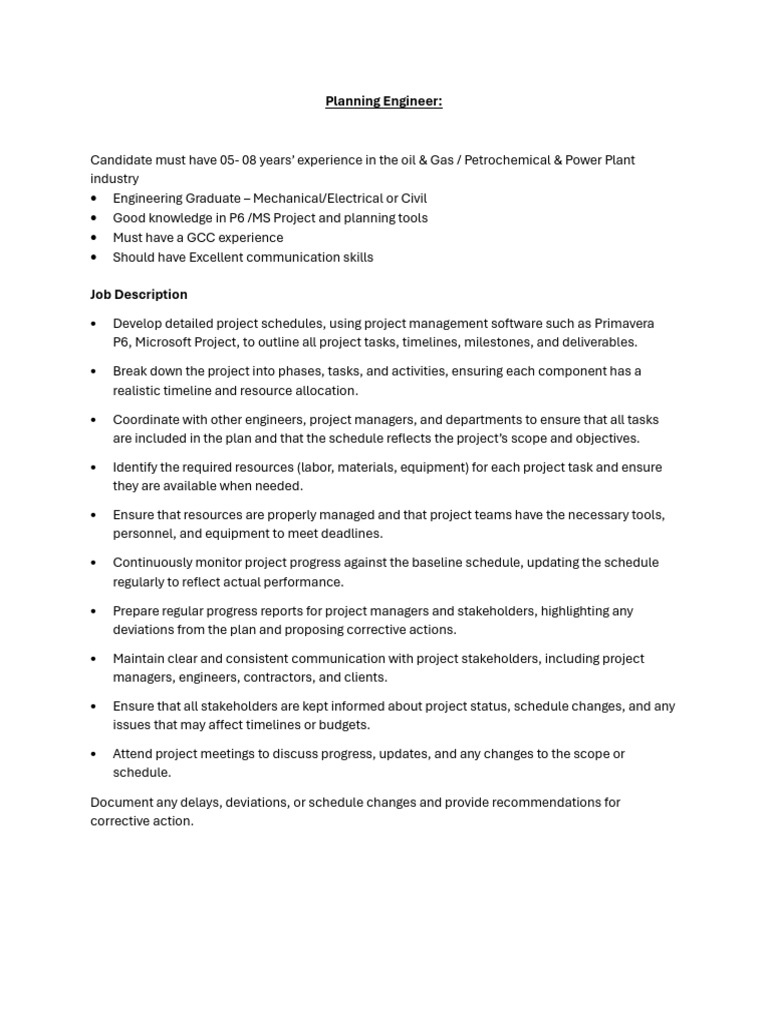 Planning Engineer Job Description in GCC | PDF